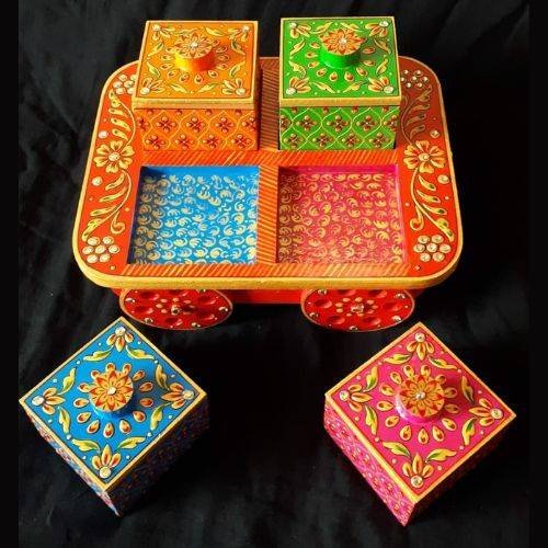 Handcrafted Wooden Painted 4 Compartments Serving Cart Trolley Tray ...