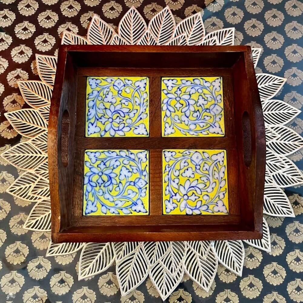 Wooden Blue Pottery Tile Serving Tray - Rajasthani Haat
