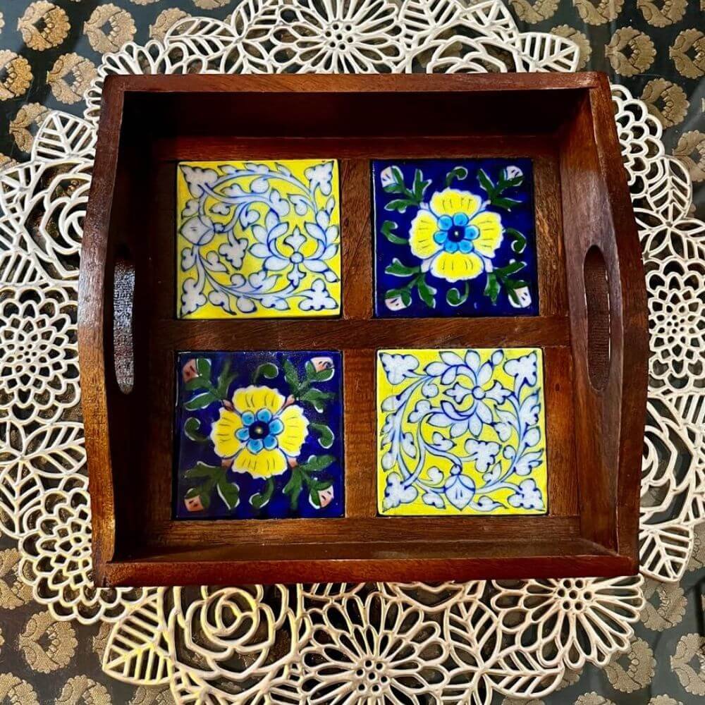 Wooden Blue Pottery Tile Tray - Rajasthani Haat