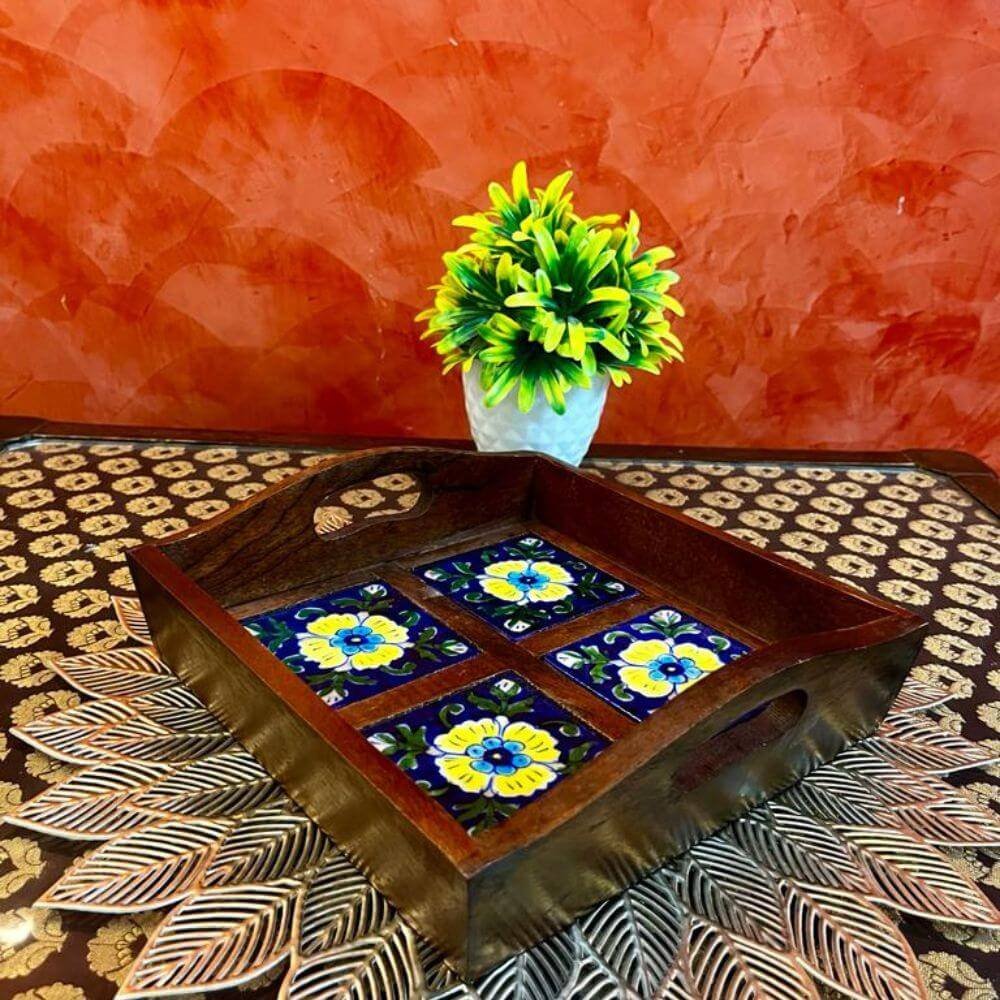 Rajasthani Wooden and Blue Pottery Tile Tray - Rajasthani Haat