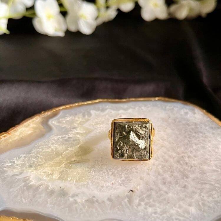 Crystal Pyrite Stone Square Ring - Rajasthani Haat