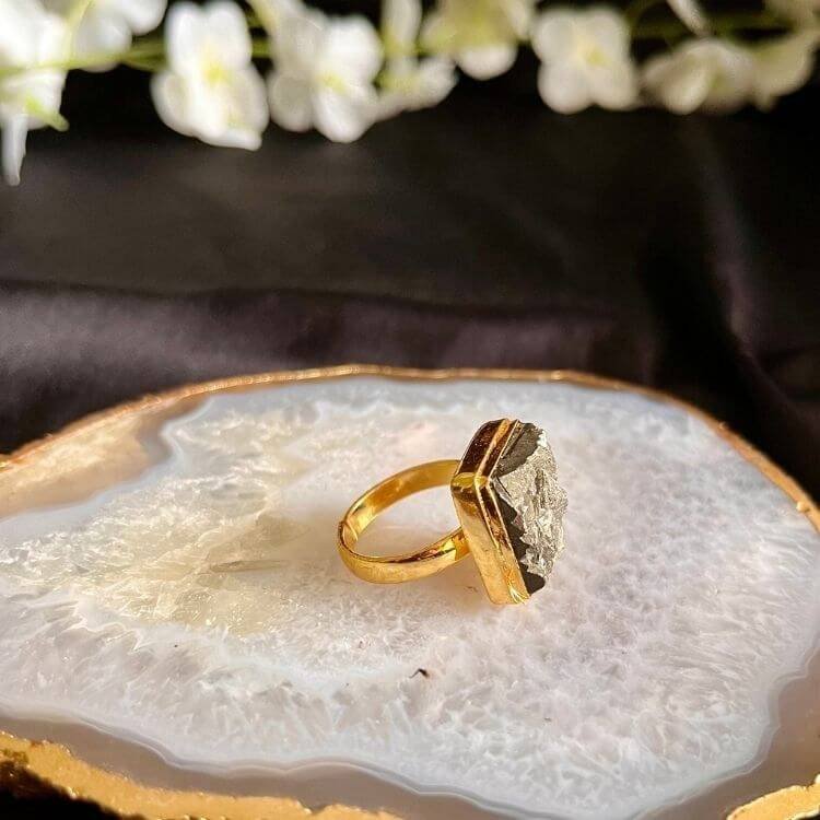 Crystal Pyrite Stone Square Ring - Rajasthani Haat