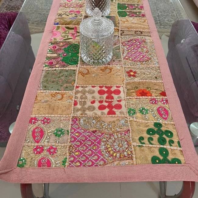Beige Patchwork Small Table Runner - Rajasthani Haat